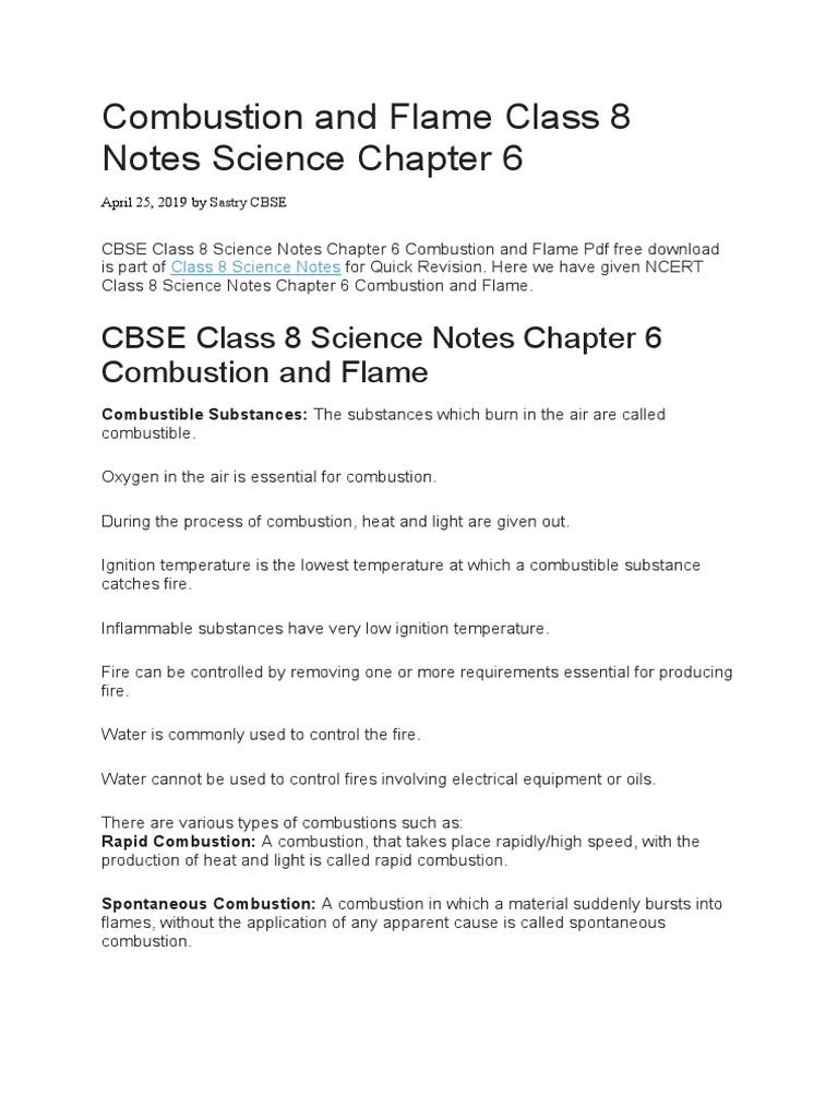 Combustion and Flame Class 8 Notes Science Chapter 6 | PDF | Combustion ...