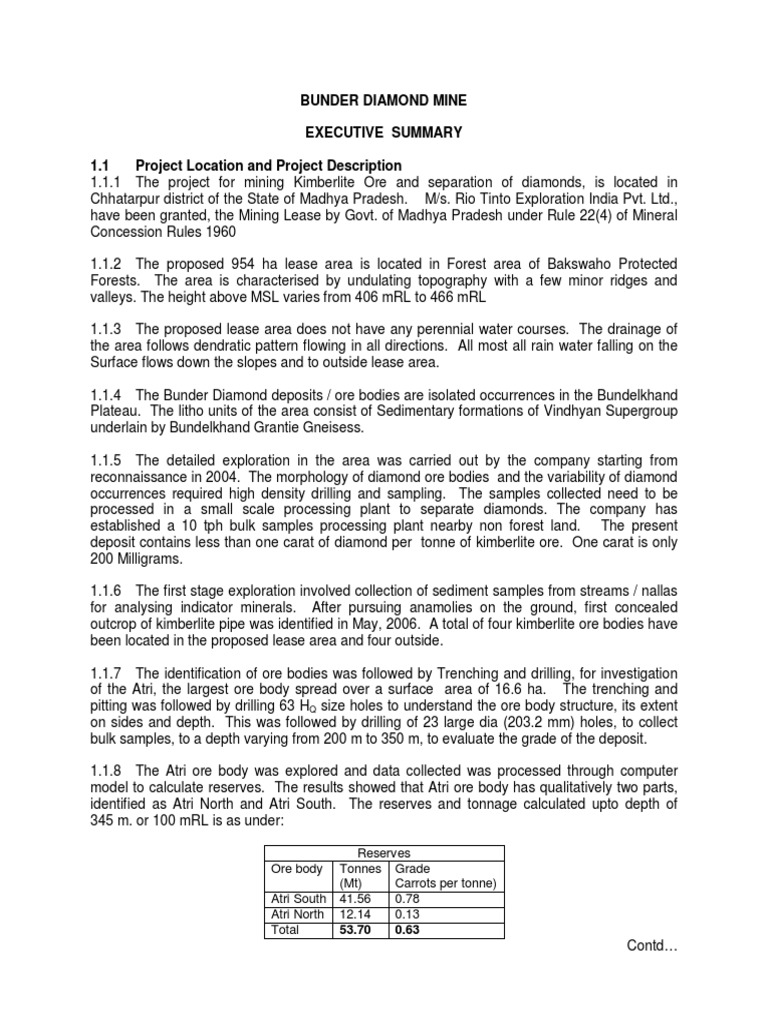 Bunder Diamond Mine Executive Summary 1.1 Project Location and Project ...