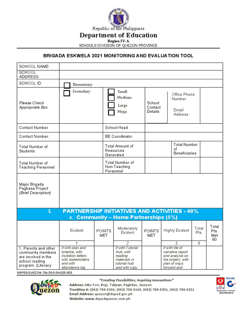 Department of Education: Brigada Eskwela 2021 Monitoring and Evaluation Tool | PDF | Volunteering