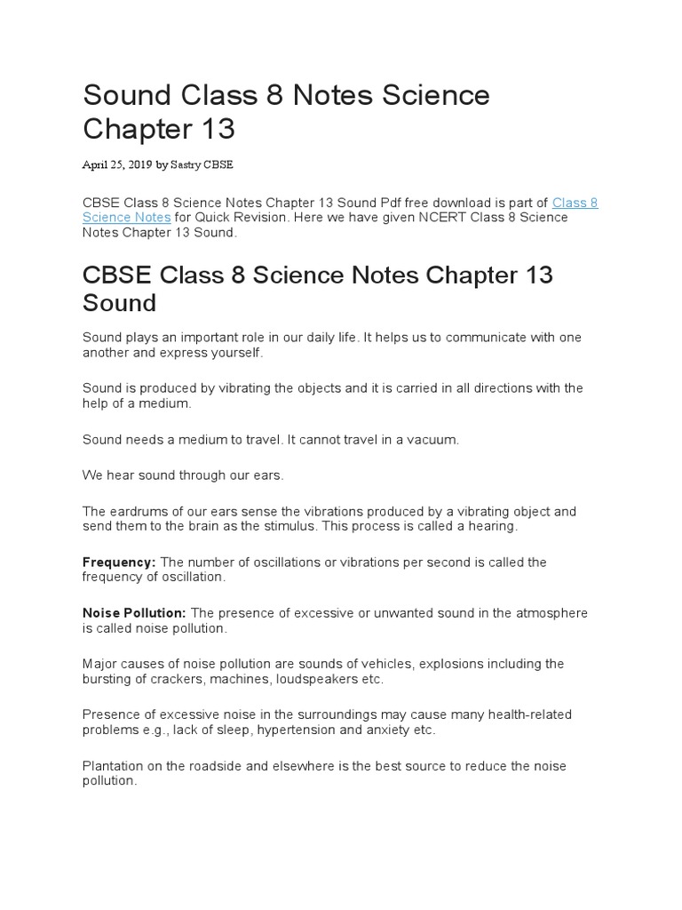 Sound Class 8 Notes Science Chapter 13 | PDF | Sound | Hearing