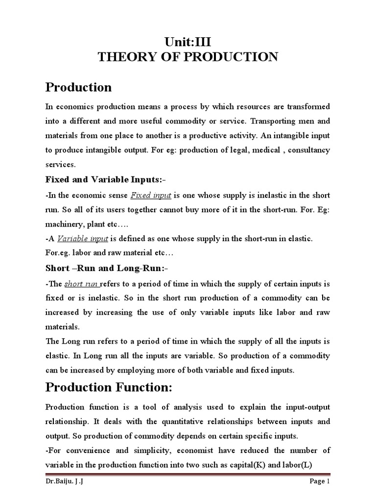 Unit Iii Production Theory Pdf Long Run And Short Run Production Function