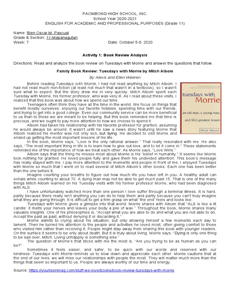 Book Review: Tuesdays with Morrie Analysis | PDF | Cognition