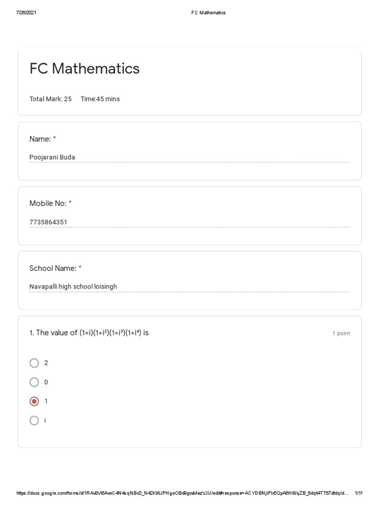FC Mathematics Quiz for Students | PDF | Geometry | Geometric Shapes