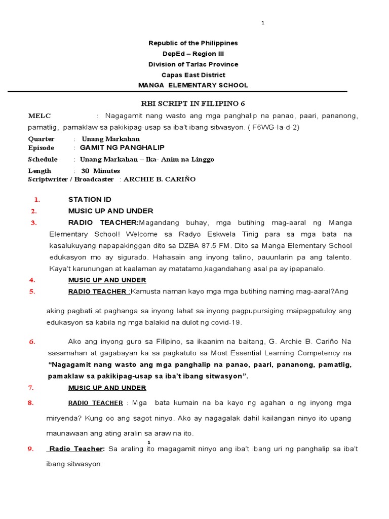 Q1W4 - RBI-Script-filipino 6 Week 6 | PDF