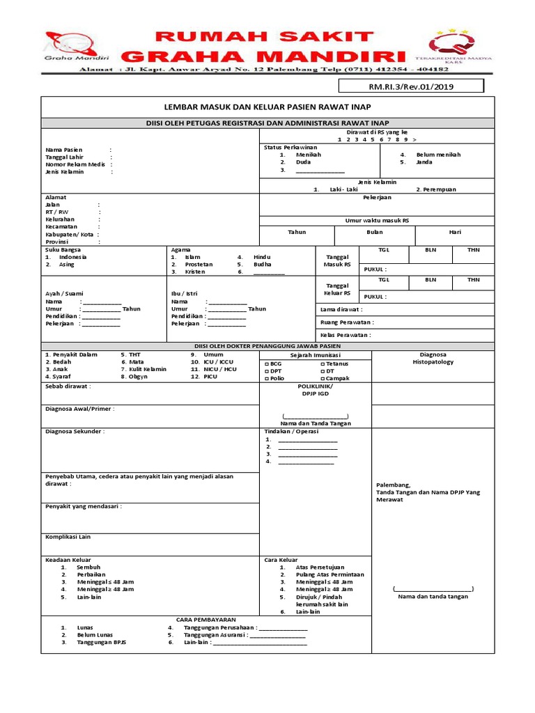 RM. RI. 3 Rev. 01 2019 - LEMBAR MASUK DAN KELUAR PASIEN RAWAT INAP | PDF