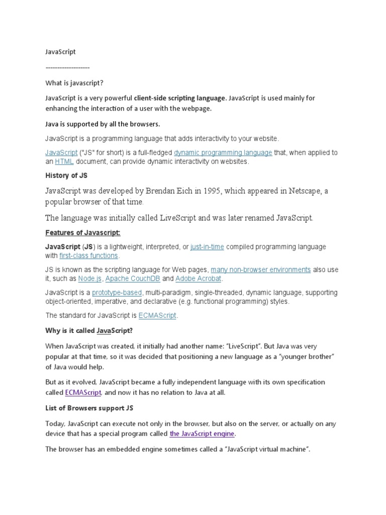 Javascript Notes | PDF | Java Script | Dynamic Web Page Javascript Notes | PDF | Java Script | Dynamic Web Page