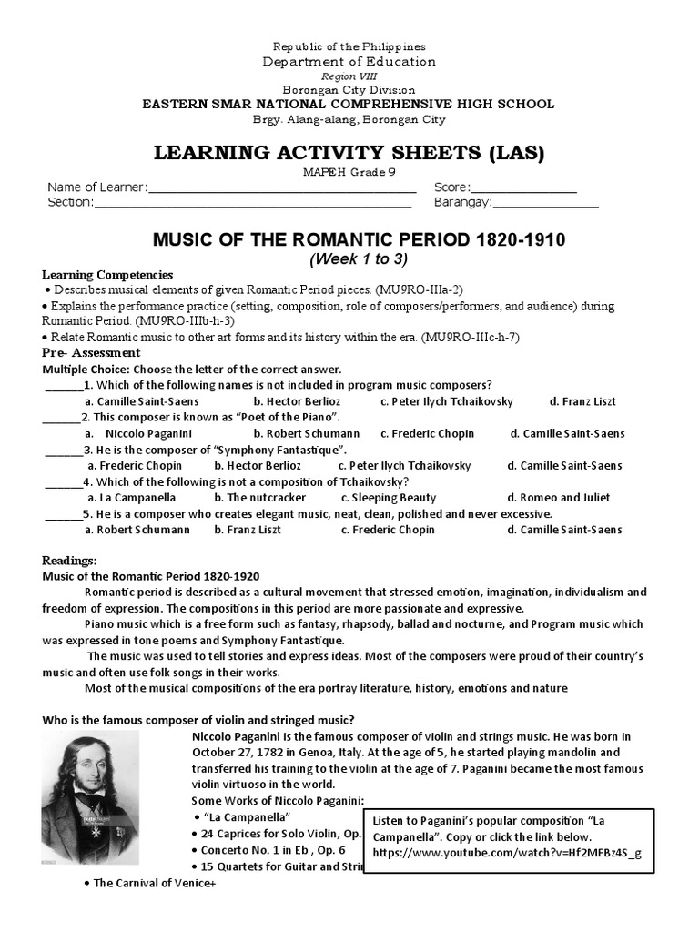 Romantic Music: Grade 9 Learning Sheets | PDF | Frédéric Chopin ...