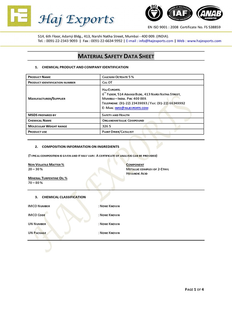 MSDS - Calcium Octoate 5 | PDF | Personal Protective Equipment ...
