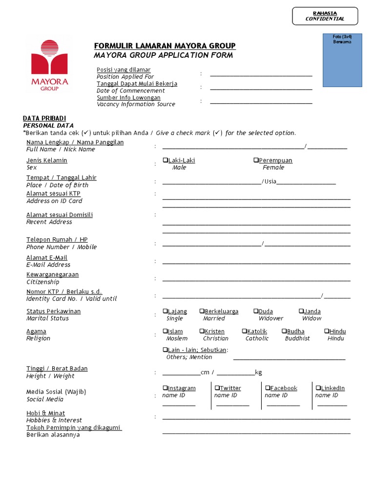 Form Biodata Pelamar PT. Mayora Indah., TBK | PDF