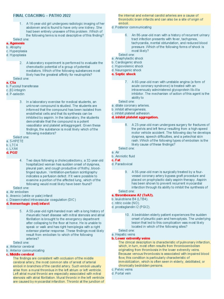 Final Coaching - Patho 2022 | PDF | Embolism | Catalase