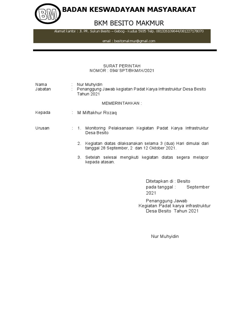 Contoh Surat Perintah Tugas SPT | PDF