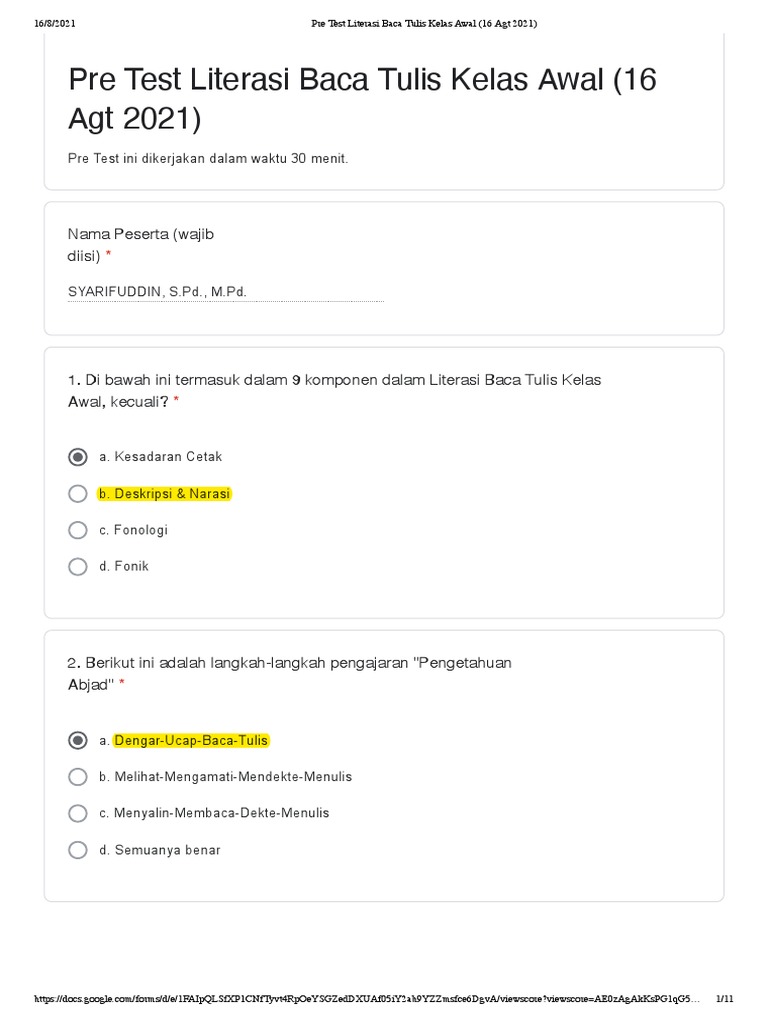 Pre Test Literasi Baca Tulis Kelas Awal (16 Agt 2021) | PDF