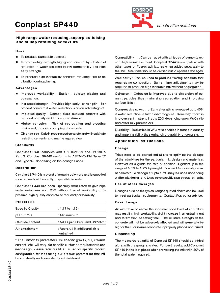 Fosroc-Conplast-Sp440-Admixture For Concrete | PDF | Concrete | Materials