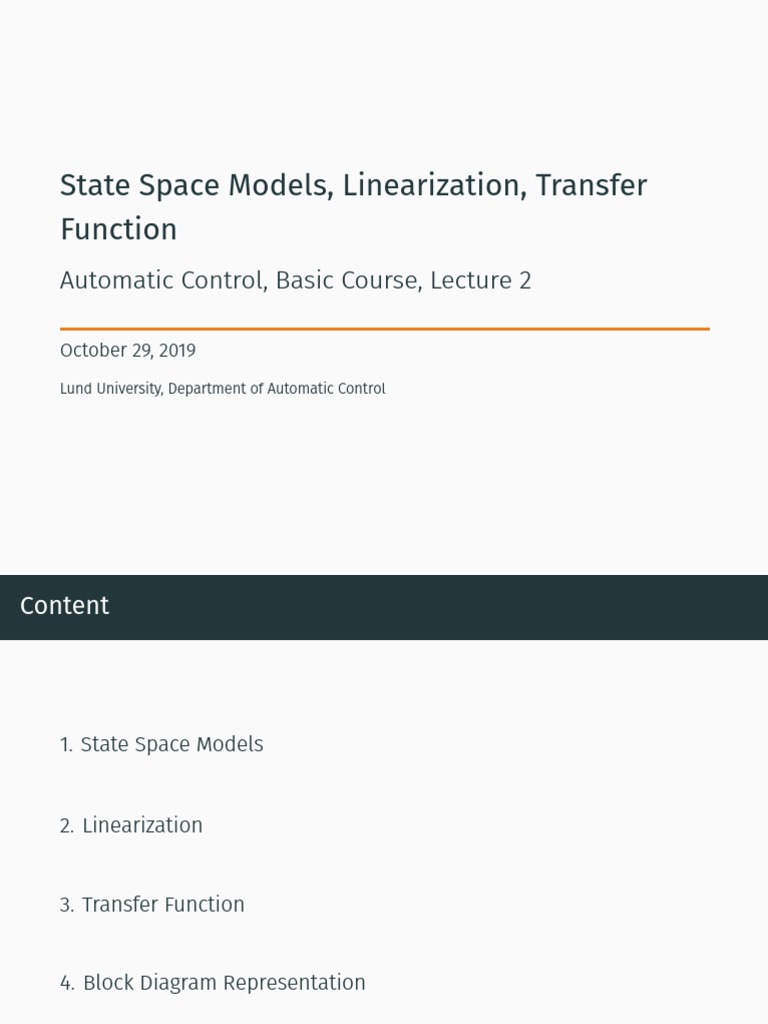 State Space Models Linearization Transfer Function Automatic Control