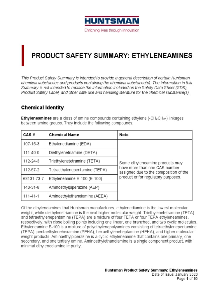 Huntsman Product Safety Summary - Ethyleneamines | Download Free PDF ...