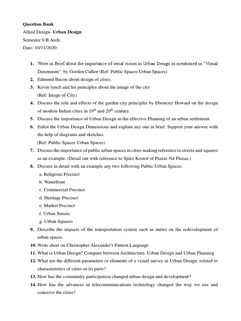 Urban Design Question Bank | PDF | Urban Design | Design