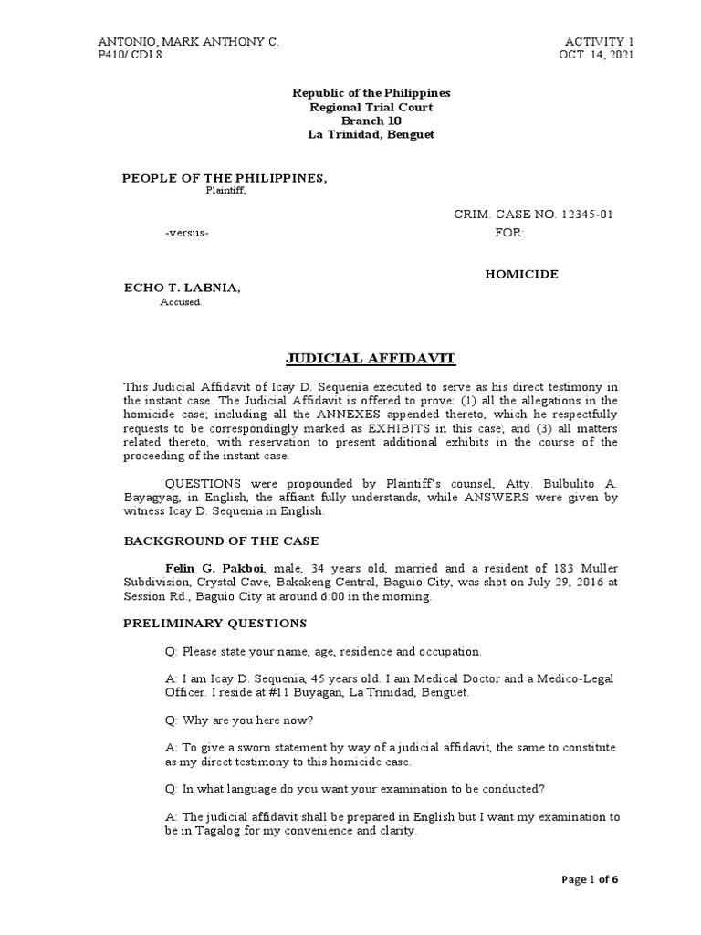 Sample Judicial Affidavit Homicide | PDF | Affidavit | Thorax