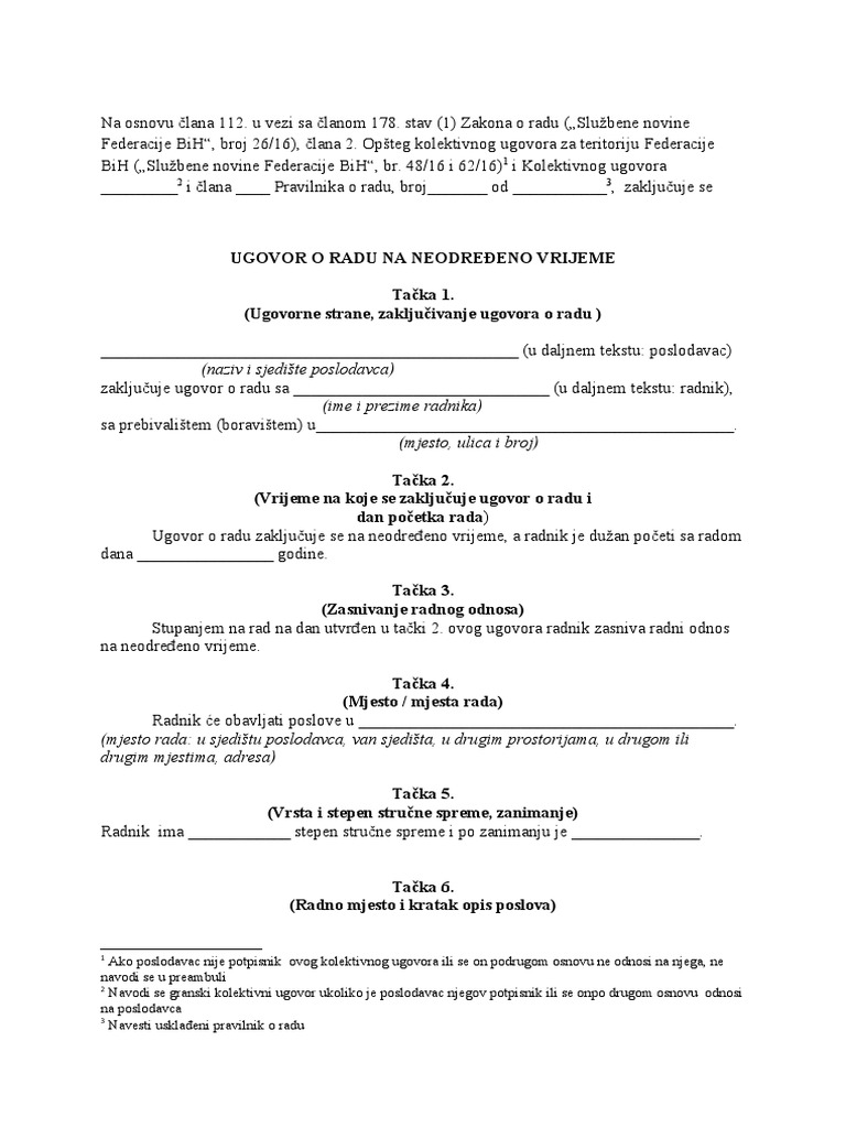 Ugovor o Radu Na Neodređeno Vrijeme Kod Poslodavca Koji Je Obavezan Da ...