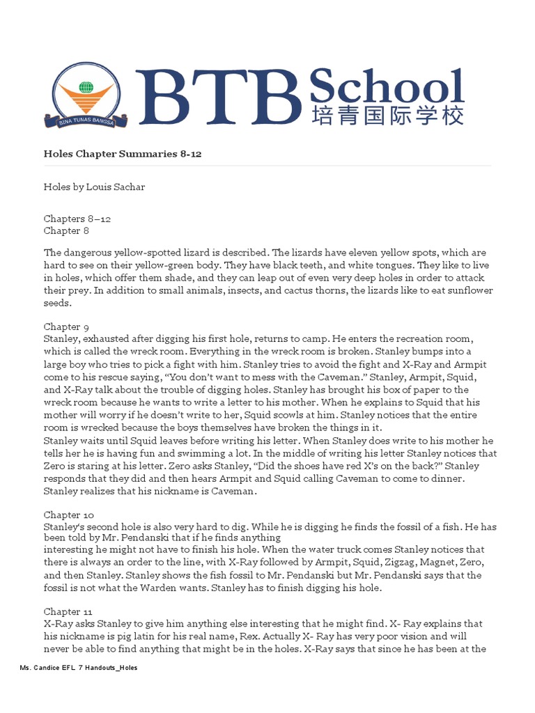 Holes Chapter Summaries 8-12 - Schoology | PDF