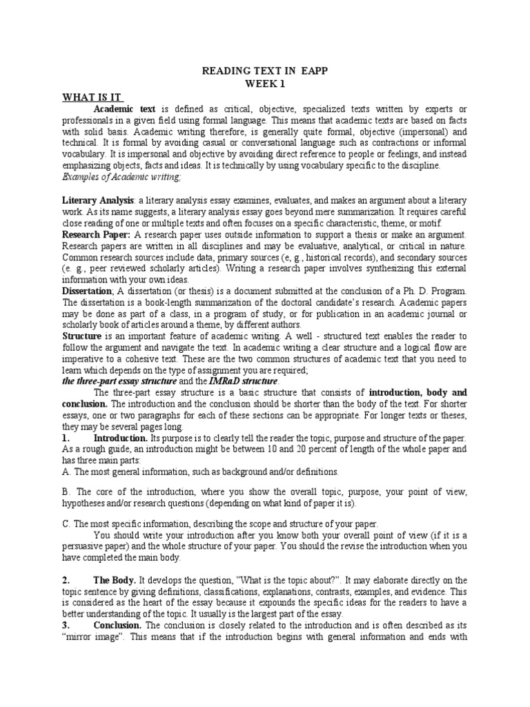 Reading Text in Eapp Week 1 What Is It: Examples of Academic Writing ...