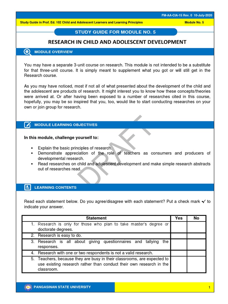 Research in Child and Adolescent Development: Study Guide For Module No ...