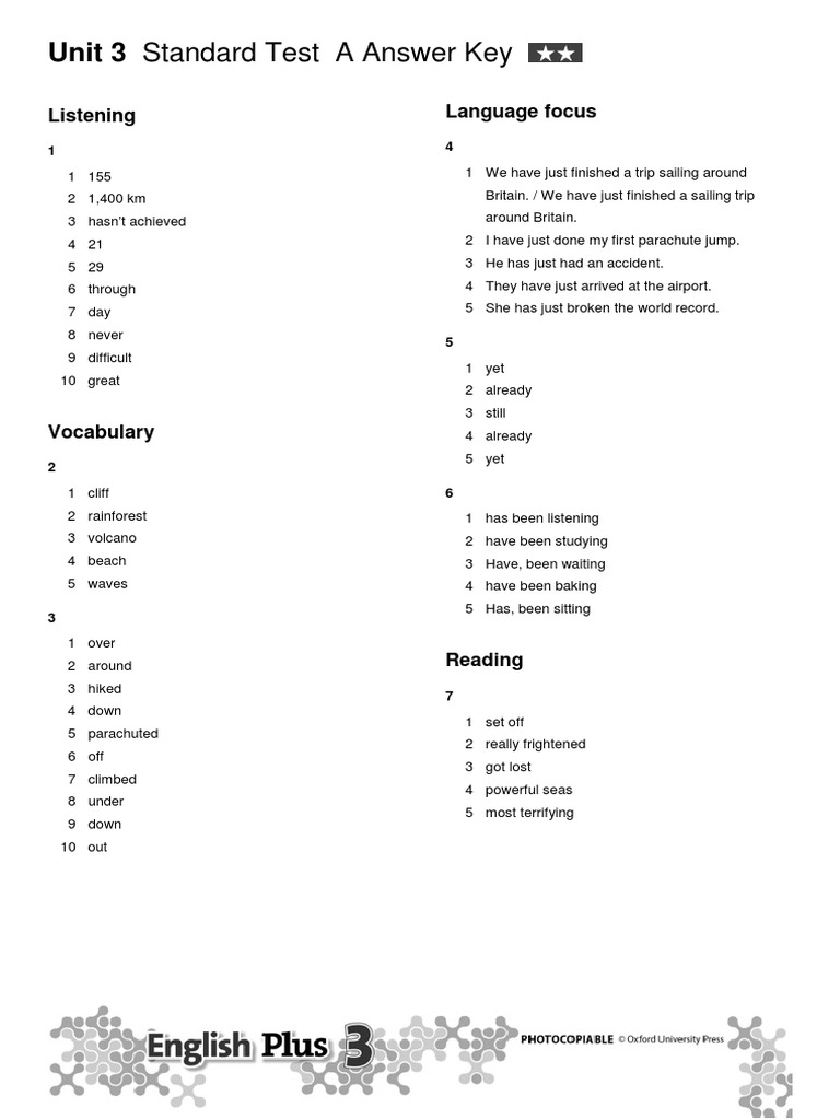 Unit 3 Standard Test A Answer Key: Listening Language Focus | PDF ...
