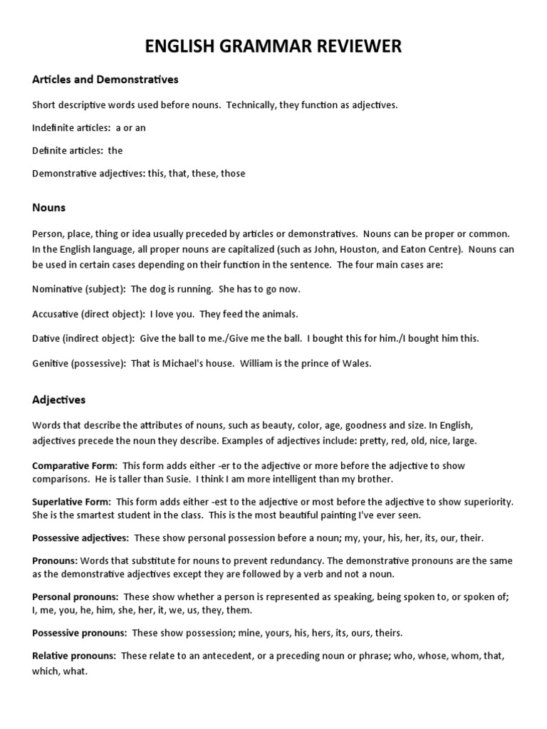 English Grammar Reviewer: Articles and Demonstratives | PDF | Verb ...