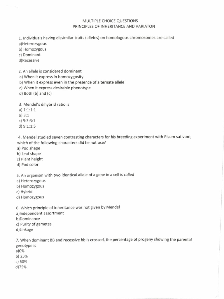 Class 12 Principles of Inheritance MCQ Sheet 1 | PDF