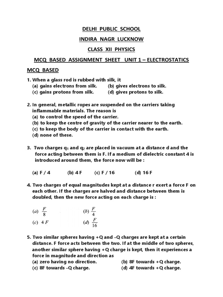 MCQ Sheet Electrostatics | PDF | Electric Field | Mechanics