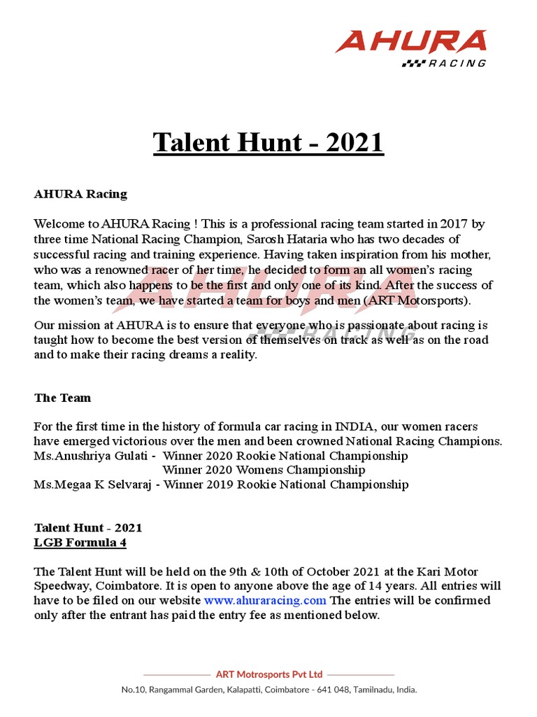 Ahura Racing - Talent Hunt - 2021 | PDF