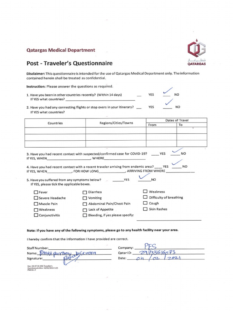 Traveler's Questionnaire - Parthav Bhatt | PDF