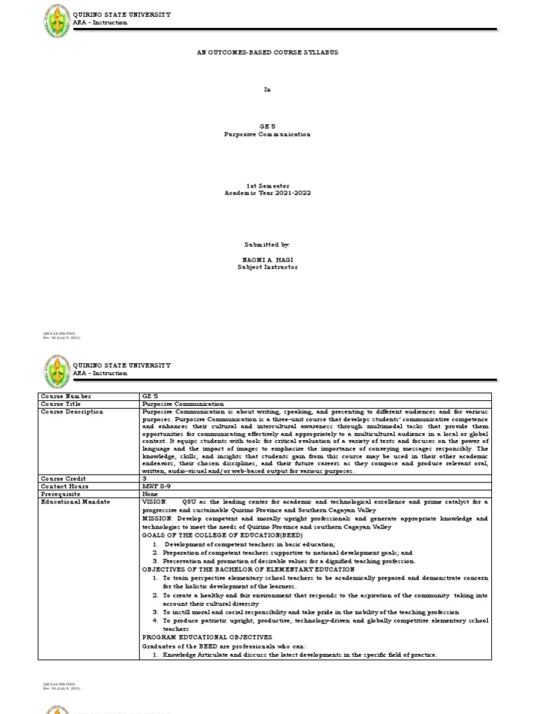 BEED Purposive Communication Syllabus | PDF | Communication | Learning