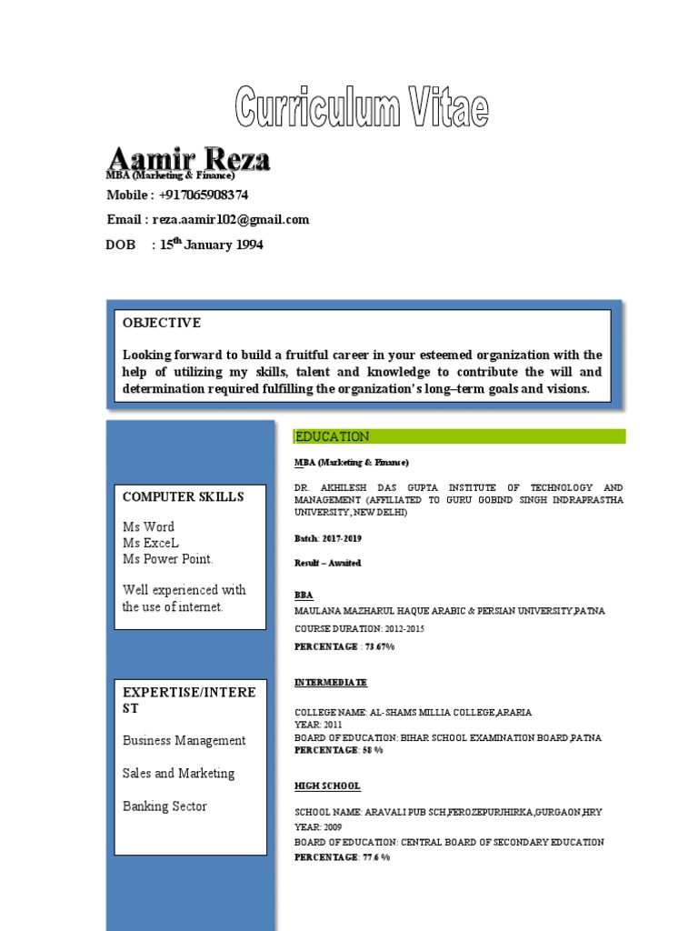 Curriculum Vitae (Aamir Reza) Mba | PDF | Career & Growth