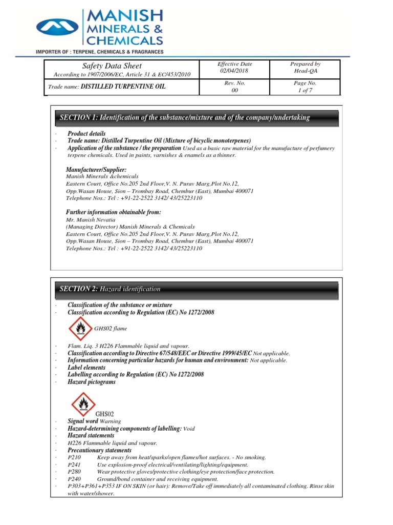 MSDS Distilled Turpentine Oil | PDF | Personal Protective Equipment | Materials