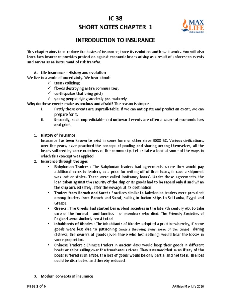 IC 38 Short Notes Chapter 1: Introduction To Insurance | PDF | Risk ...