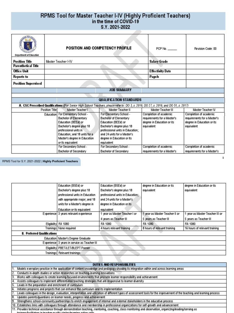 RPMS Tool For Master Teacher I-IV (Highly Proficient Teachers) | PDF ...