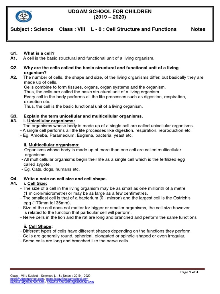 Ch-8 CELL STRUCTURE AND FUNCTIONS | Download Free PDF | Cell (Biology ...