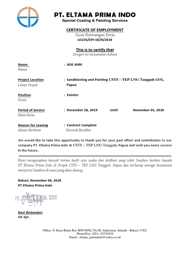 Pt. Eltama Prima Indo: Certificate of Employment | PDF