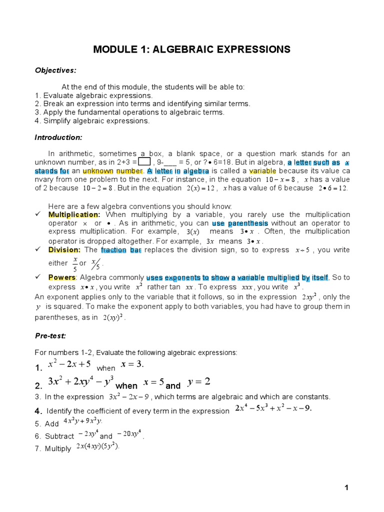 Module 1: Algebraic Expressions: y Xy X | PDF | Multiplication ...