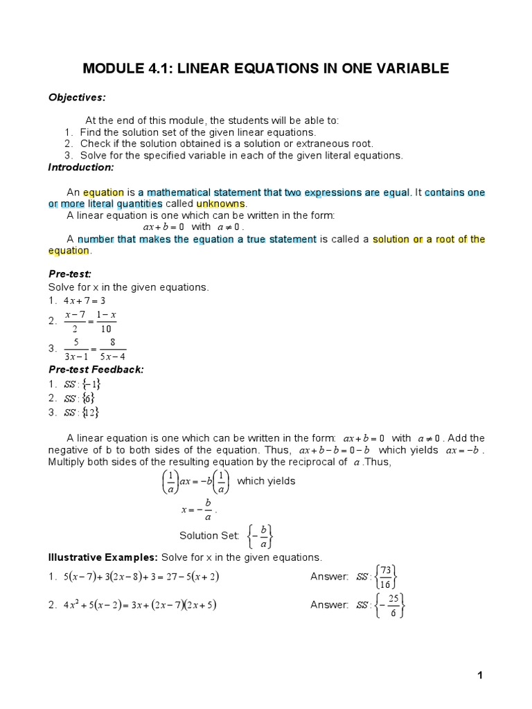 Module 4.1: Linear Equations in One Variable: Objectives | PDF ...
