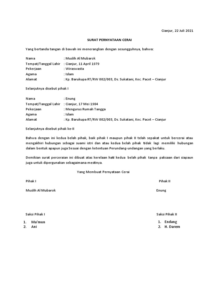Surat Cerai Muslih Da Enung | PDF