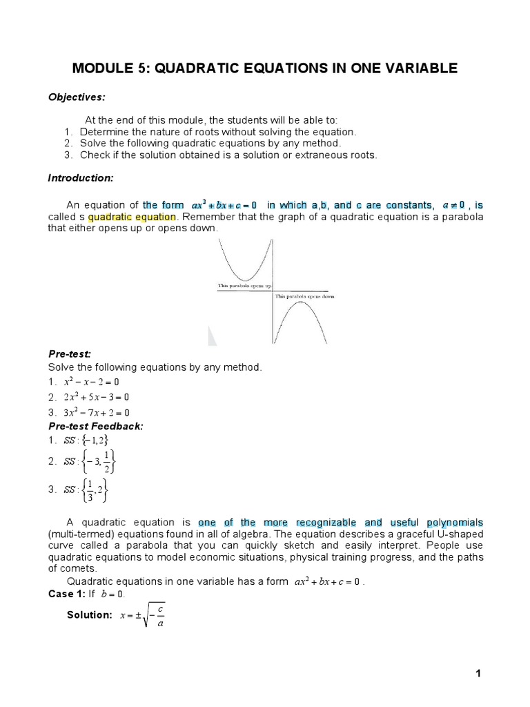 Module 5: Quadratic Equations in One Variable: Objectives | PDF ...