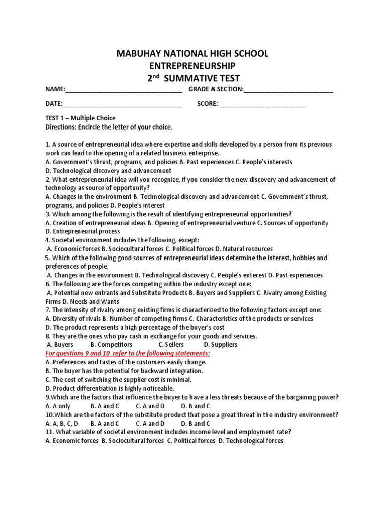 Grade 12 Entrepreneurship 2nd Exam | PDF | Entrepreneurship | Business ...