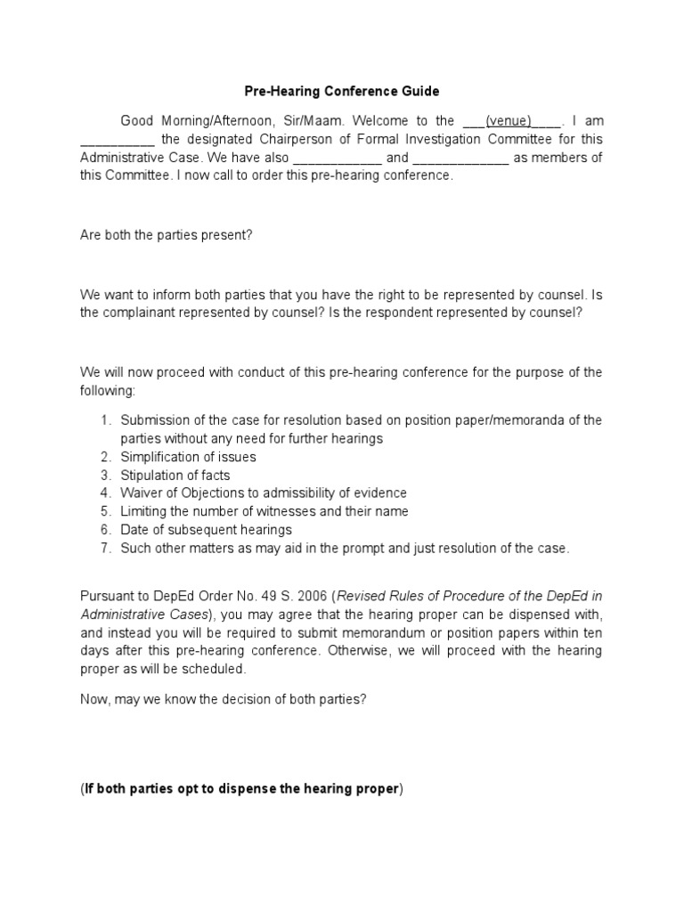 Pre Hearing Conference Guide | PDF | Affidavit | Witness