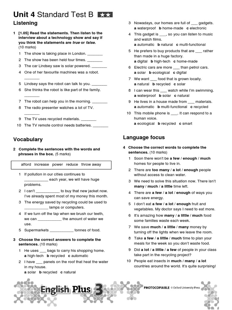 Unit 4 Standard Test B Listening Pdf Recycling Waste
