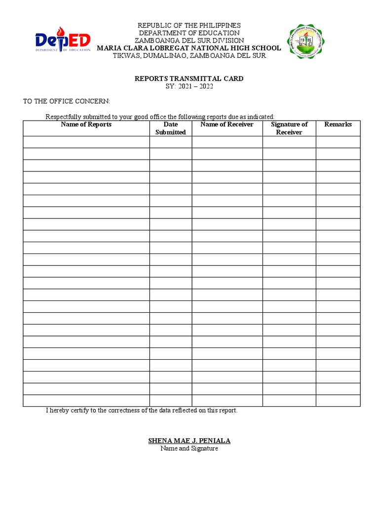 Transmittal of Reports from Maria Clara Lobregat National High School ...