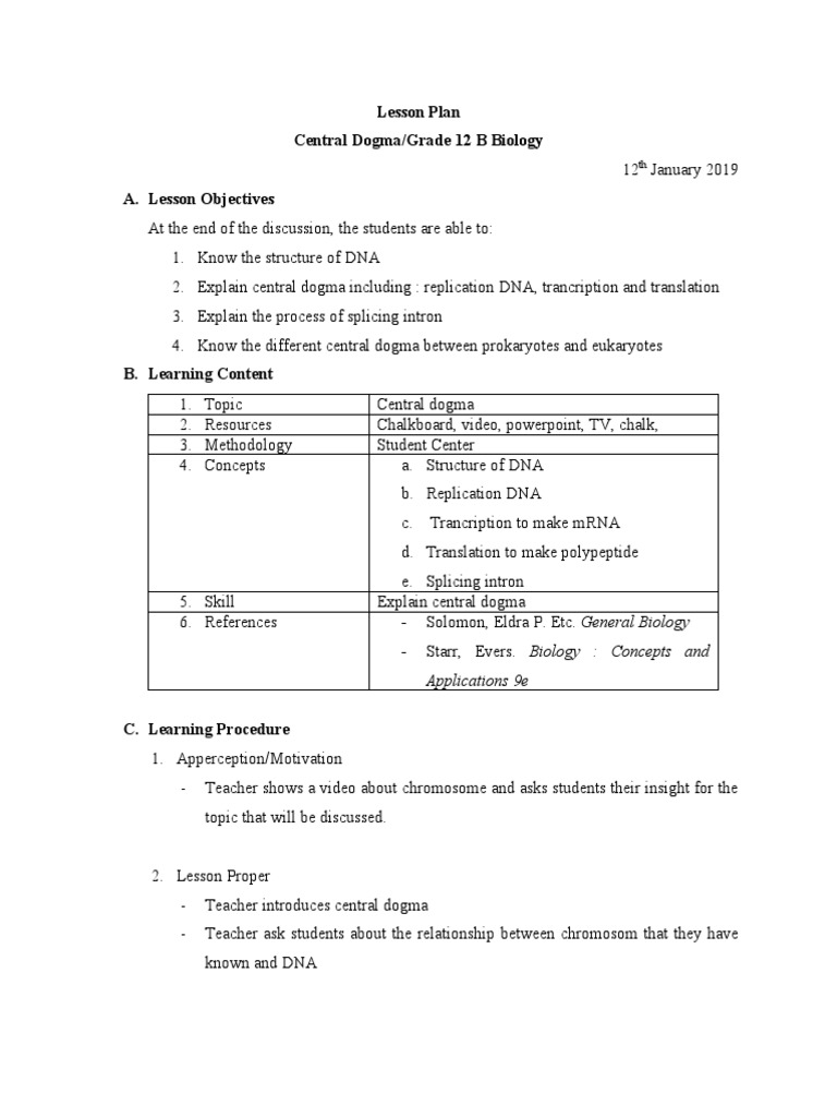 Central Dogma Lesson Plan for Grade 12 | PDF | Rna | Genetic Code