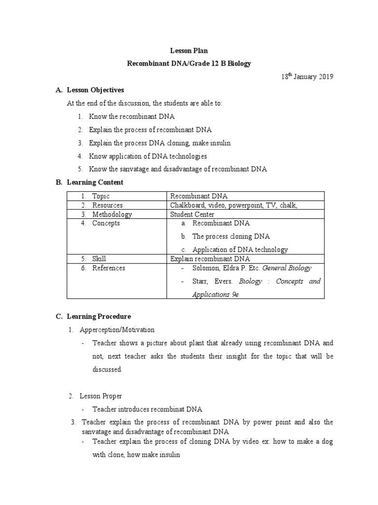 Lesson Plan Recombinant DNA/Grade 12 B Biology: - Applications 9e ...