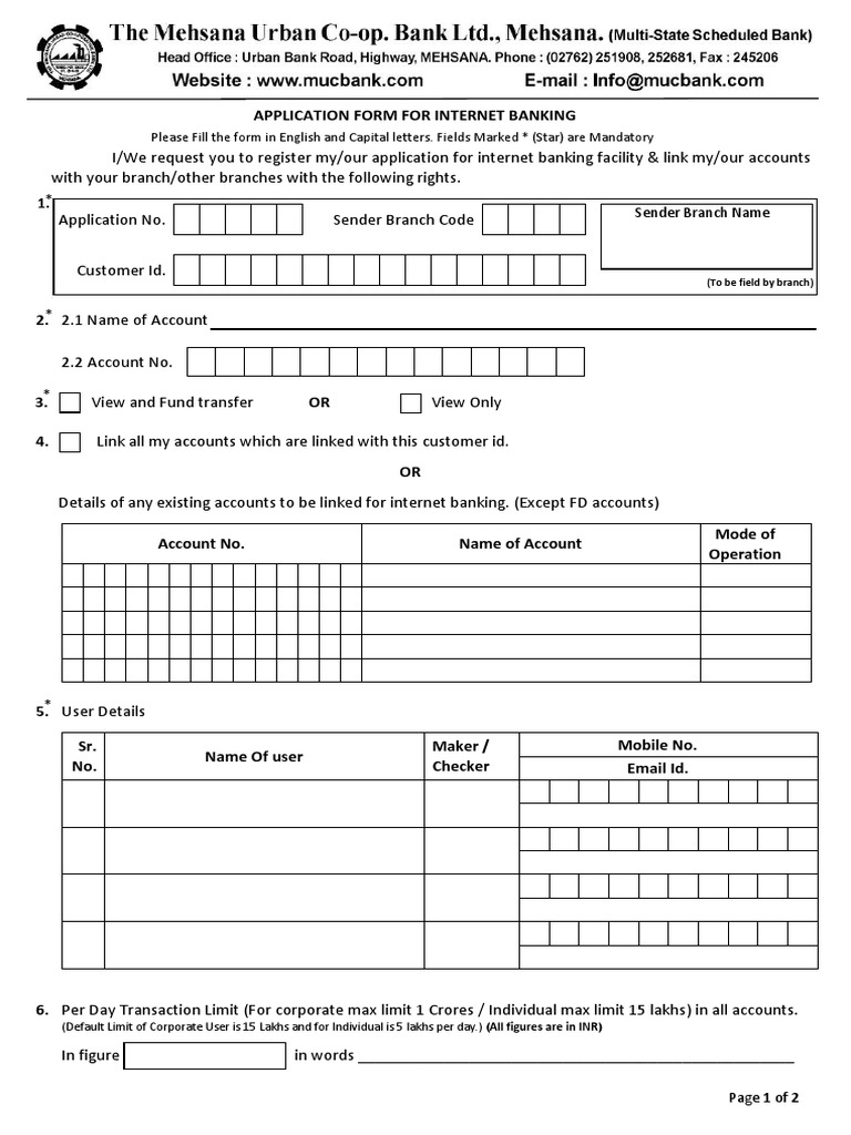Application Form For Internet Banking | PDF | Banks & Banking | Online ...
