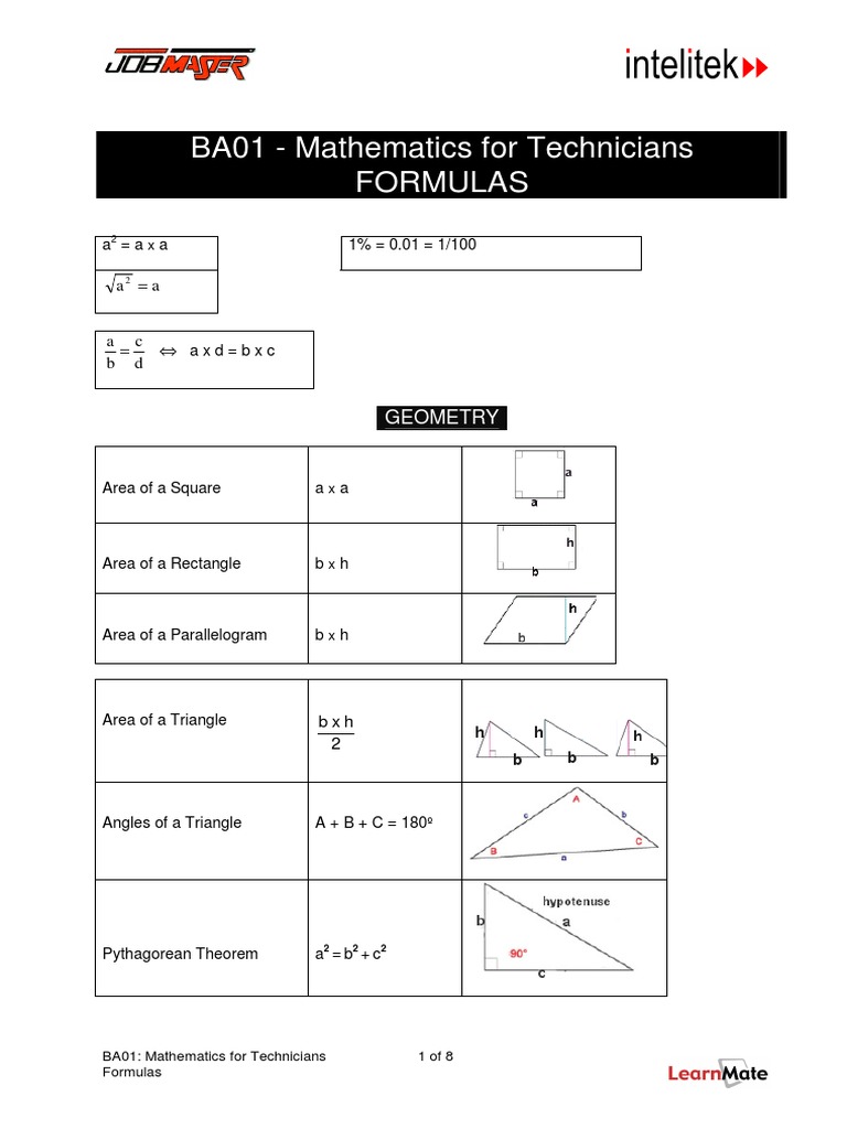 BA01 - Mathematics For Technicians Formulas: Geometry | PDF | Area | Torque